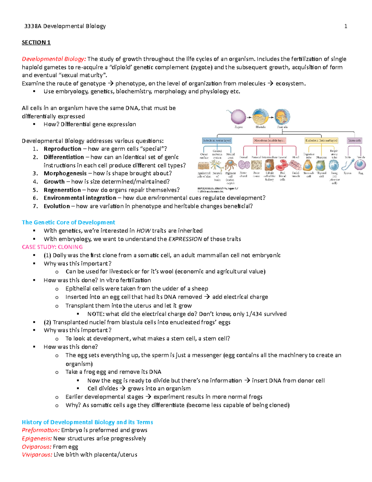 Developmental Biology Notes - Developmental Biology 1 SECTION 1 ...