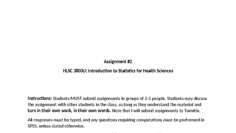 Data Analysis Project HLSC 3800U: Stats in Health Sciences Assignment ...