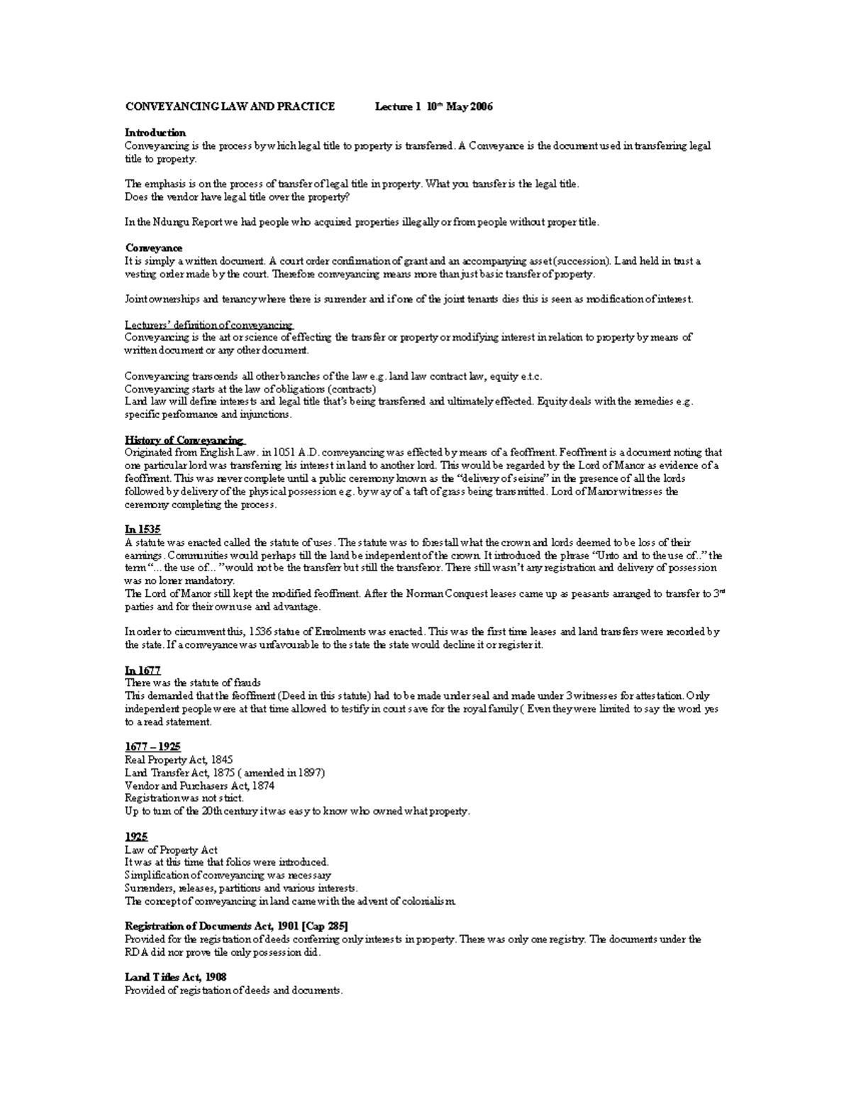 Conveyancing Law Lecture Notes (Law 101) - Studocu