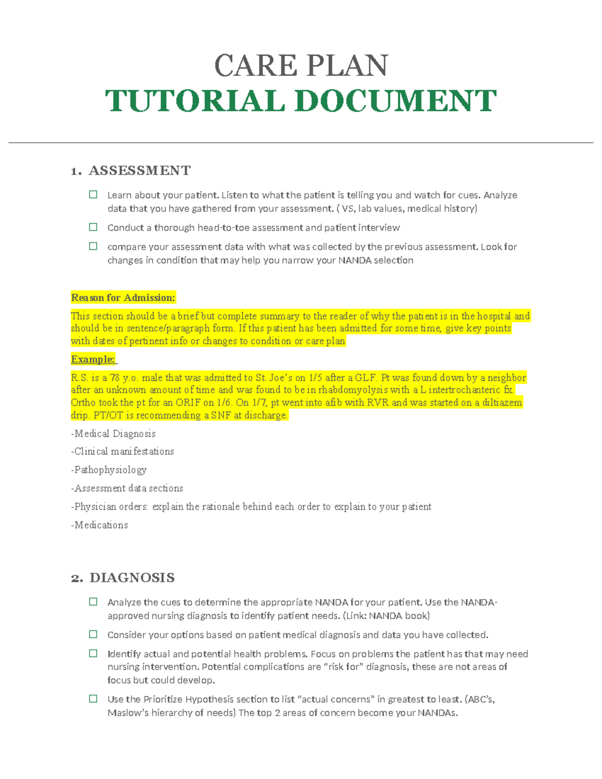 NURS 101 Care Plan Tutorial: Assessment, Diagnosis & Planning - Studocu