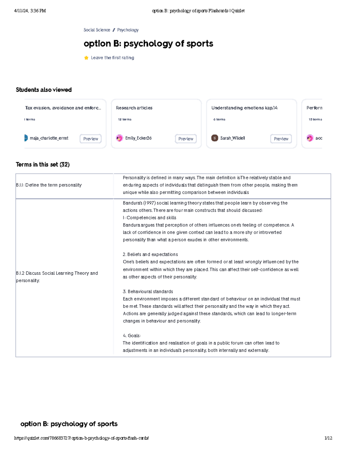 Option B: Notes on Psychology of Sports (Social Science) - Studocu