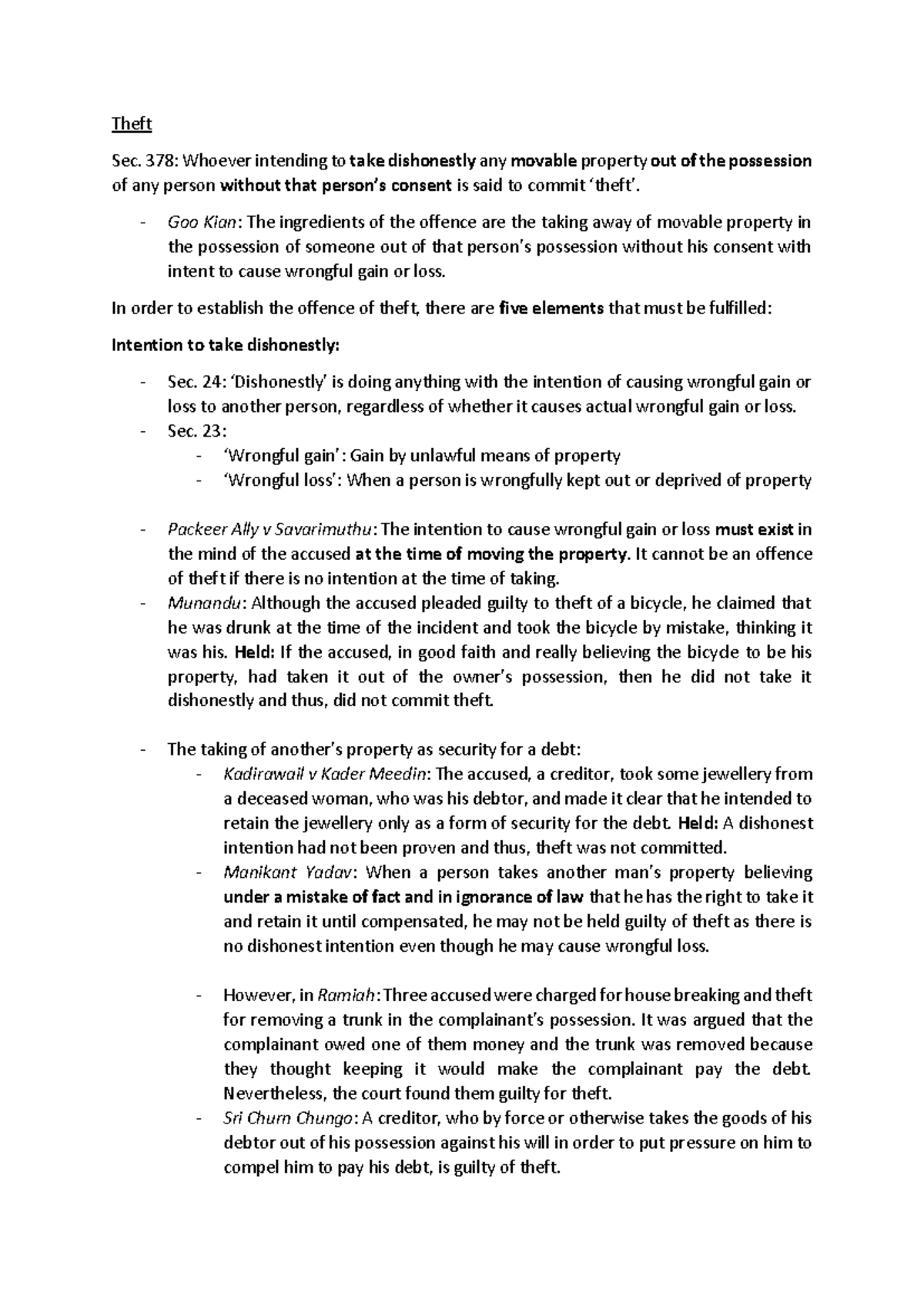Theft, Extortion, and Robbery: Key Legal Principles and Cases - Studocu