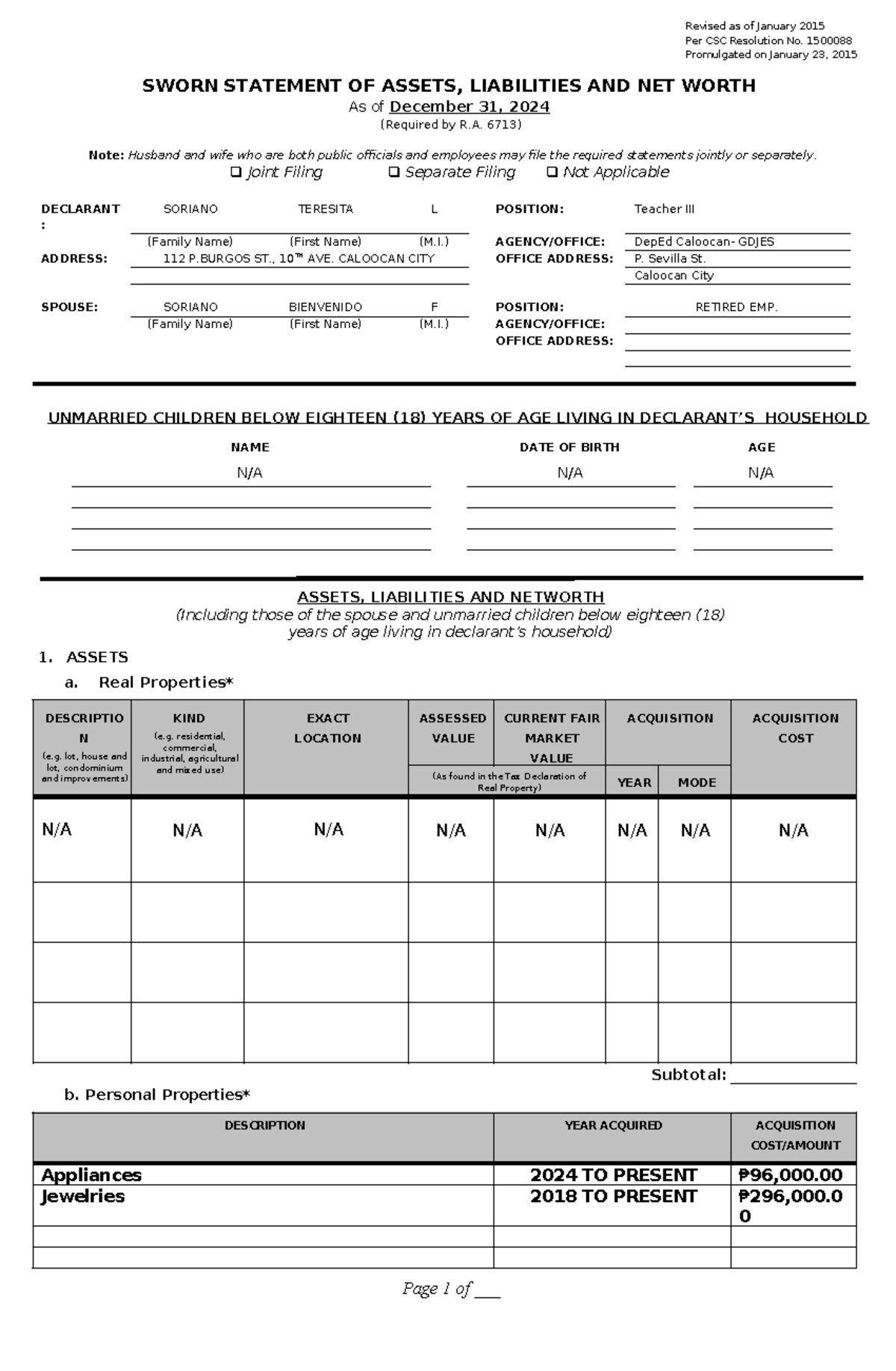 SALN Form 2024 - SWORN Statement of Assets, Liabilities & Net Worth ...