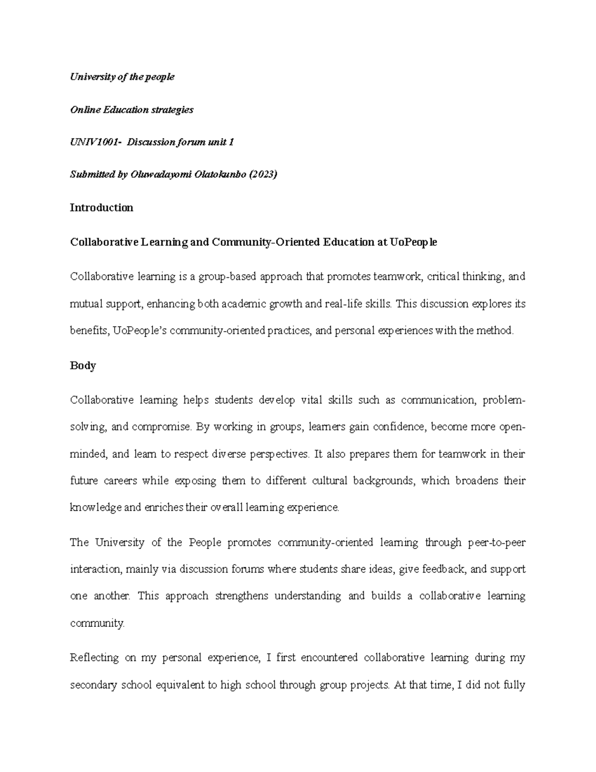 UNIV1001 - Collaborative Learning Strategies in Online Education - Studocu