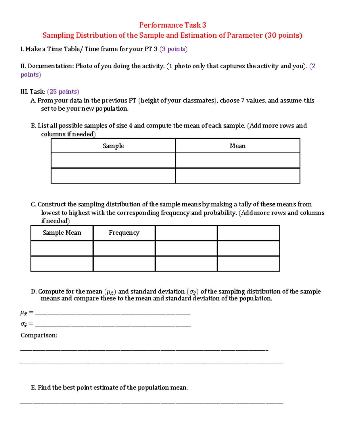 Performance Task 3 First Grading - Performance Task 3 Sampling Distribution of the Sample and ...