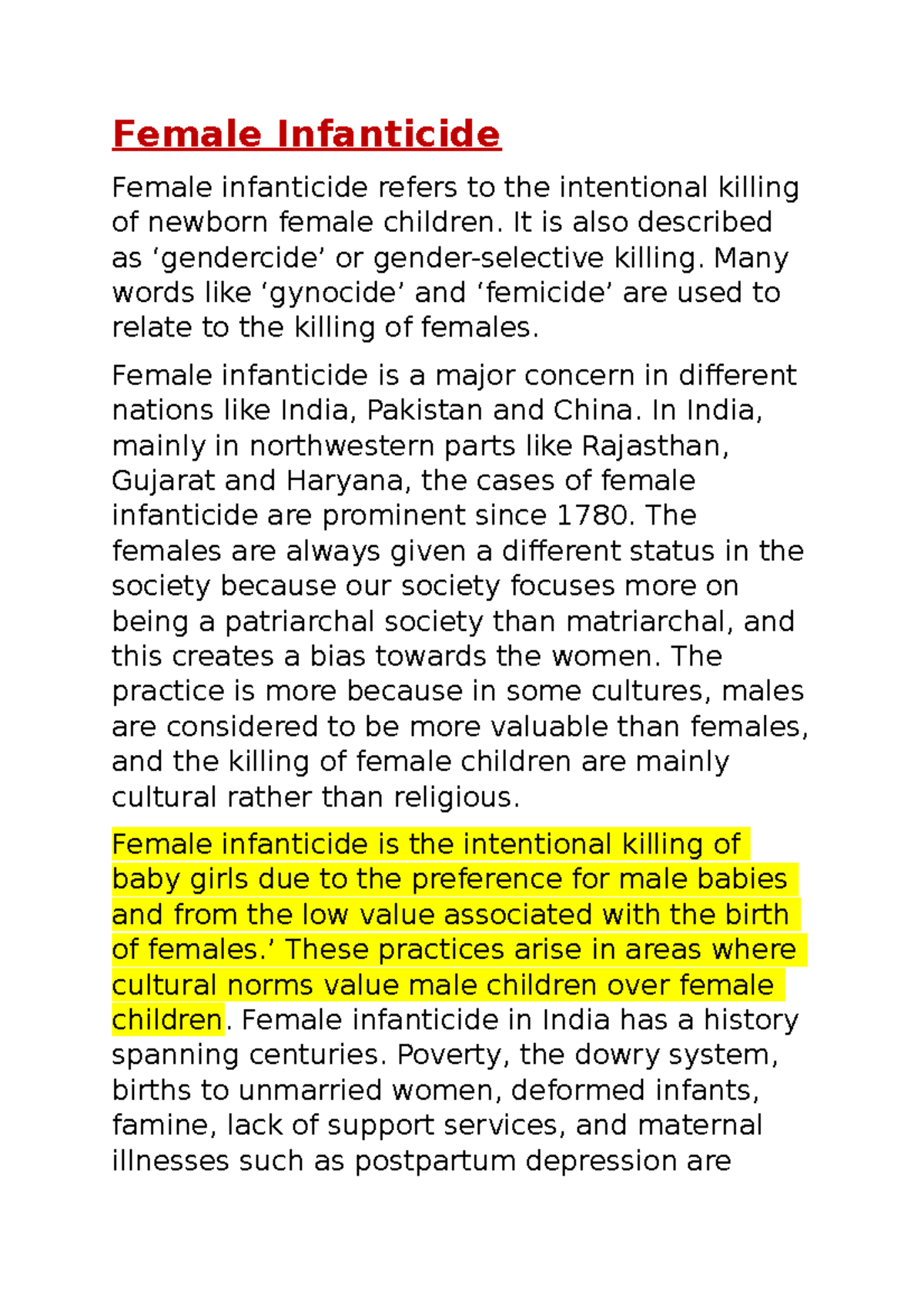 Female Infanticide in India: Socio-Cultural Aspects and Solutions - Studocu