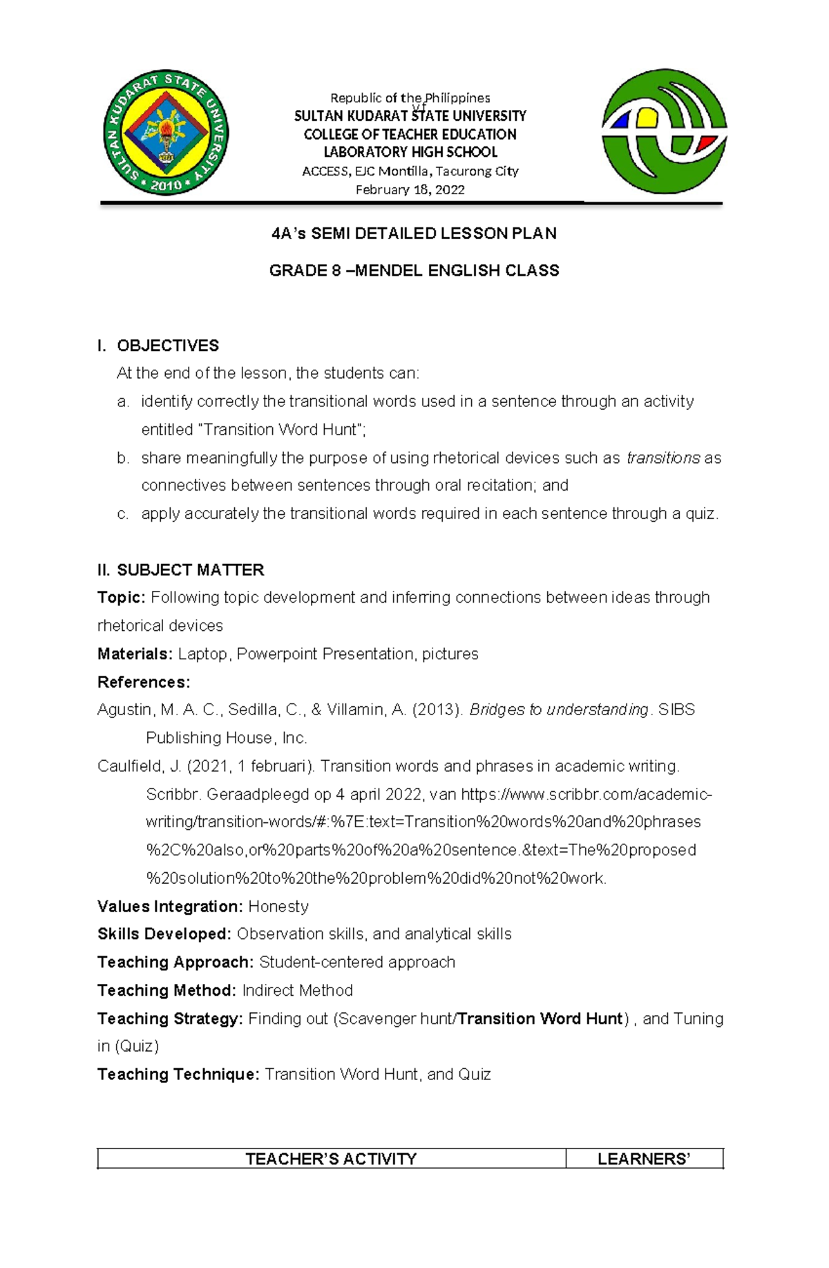 Semi-Detailed Lesson Plan: Grade 8 English on Transitional Words - Studocu