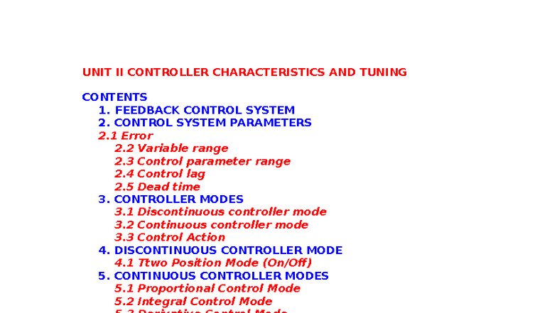 UNIT II: Controller Characteristics & Tuning in Control Systems - Studocu