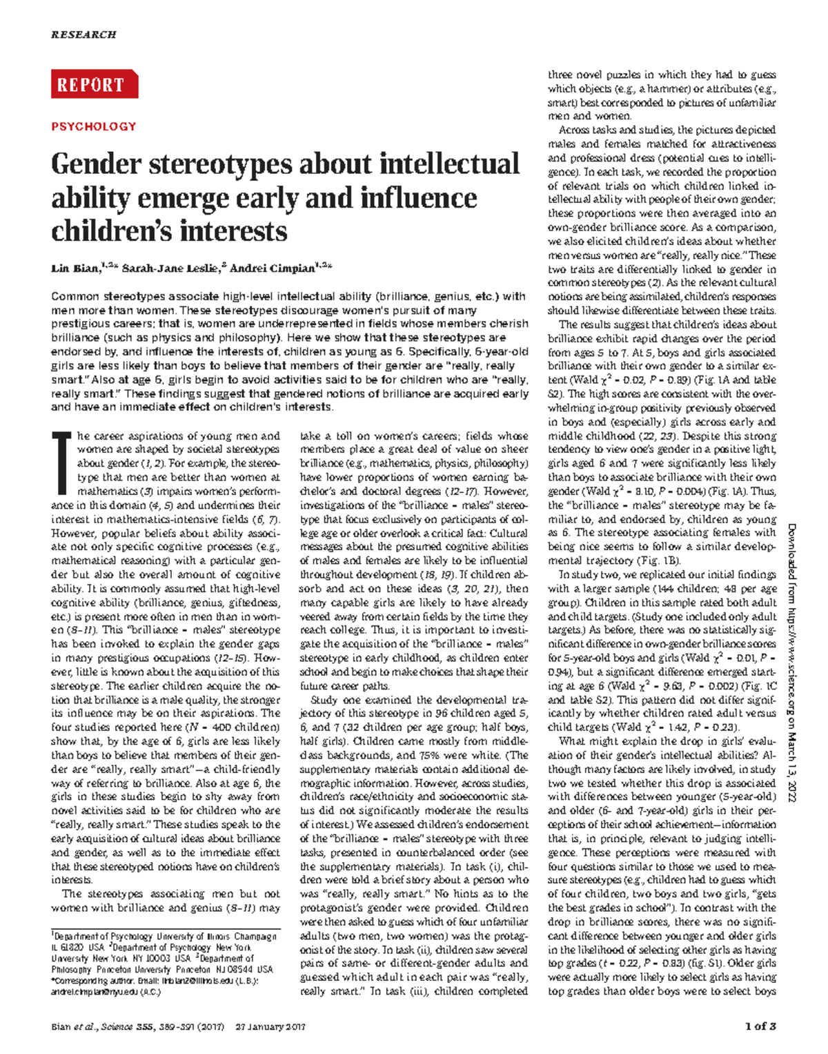 Gender stereotypes and early development of intellectual ability ...