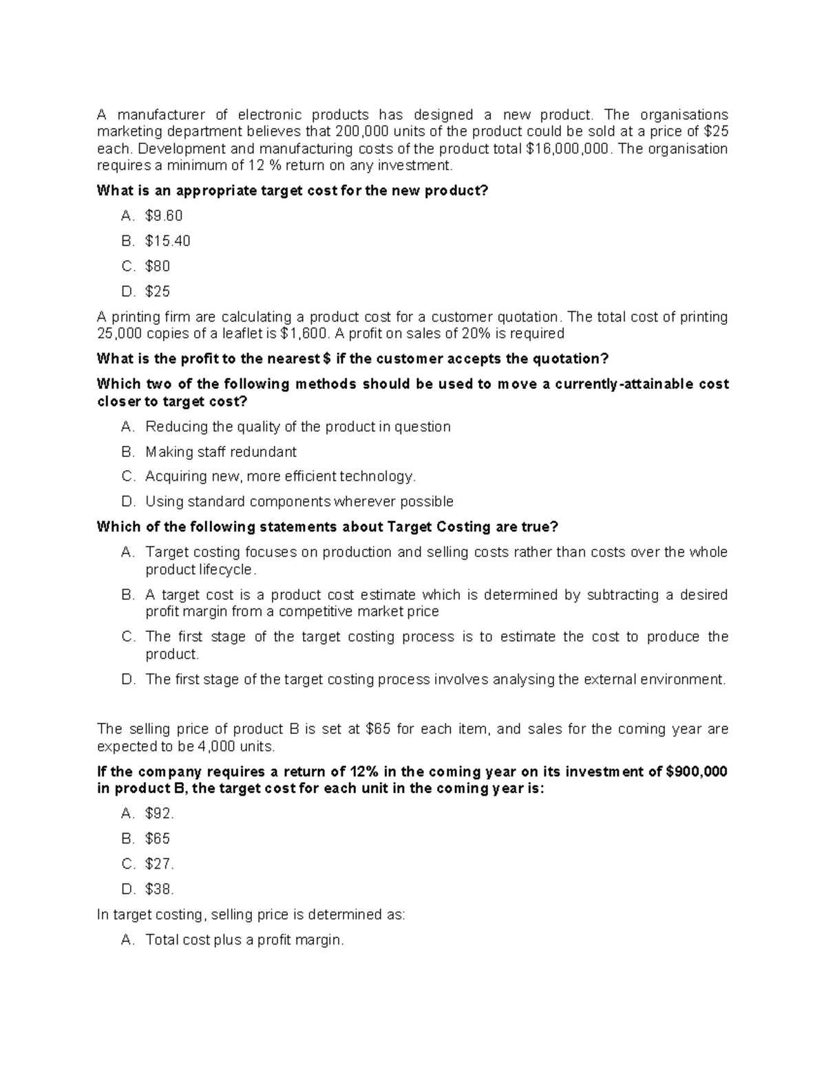 Target costing - Management Accounting - Studocu