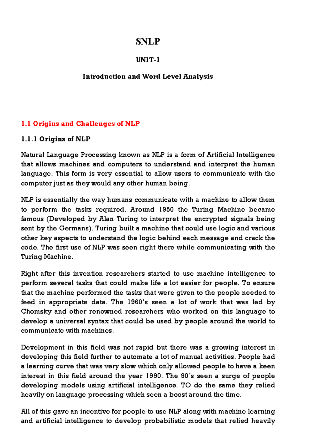 SNLP UNIT 1 - Introduction to NLP and Word Level Analysis - Studocu