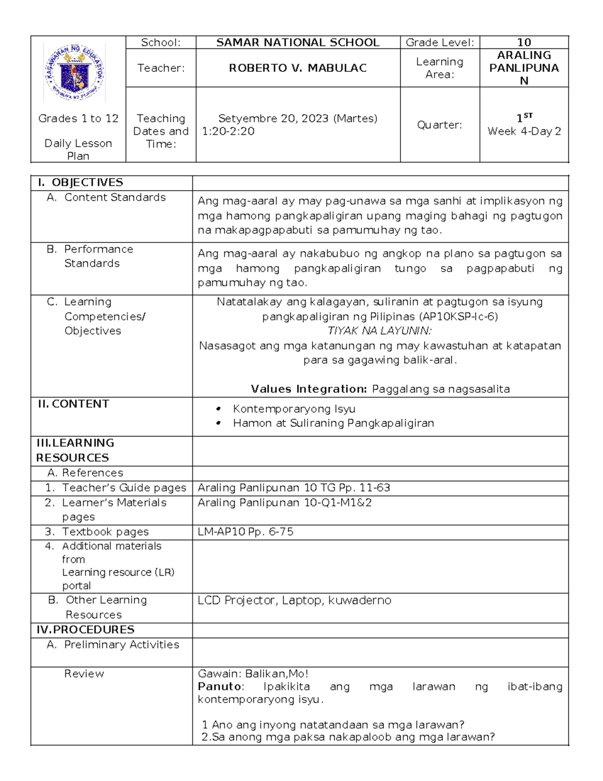 5-Review of AP10 Lesson Plan on Environmental Challenges - Studocu
