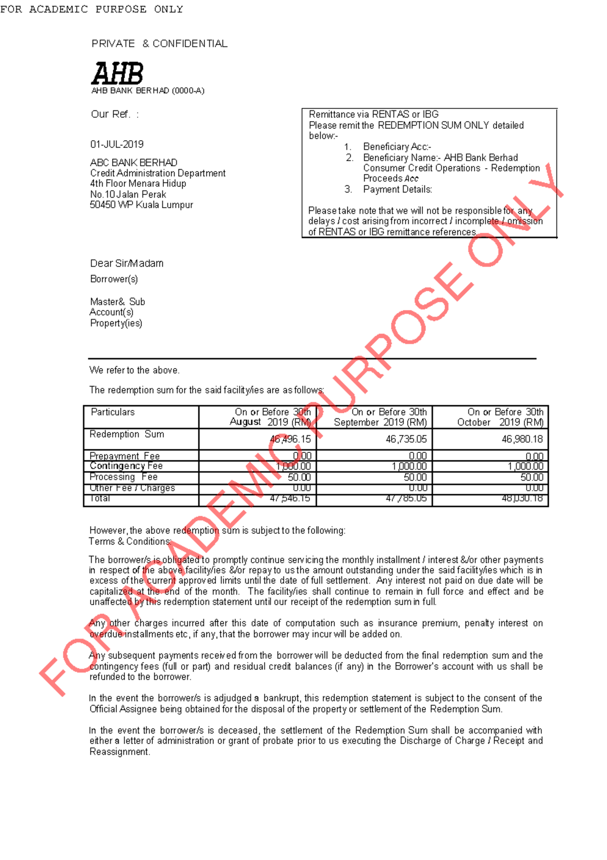 AHB 0000 - Redemption Statement for Facility/ies and Payment Details ...