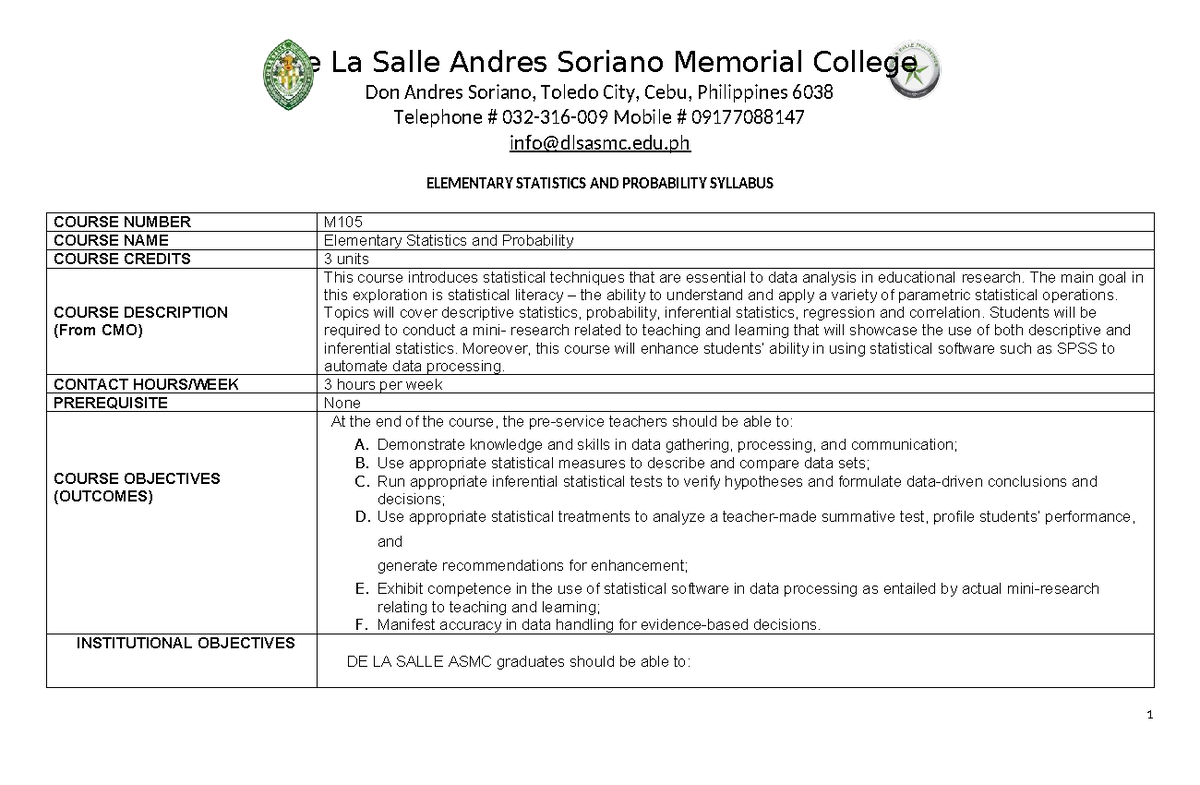 M105 Elementary Statistics & Probability Course Syllabus - Studocu