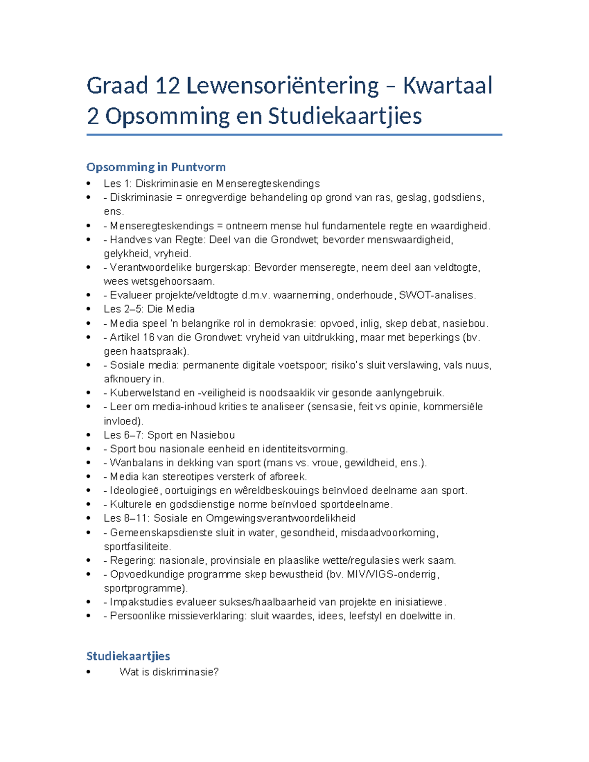 Graad 12 Lewensoriëntering Kwartaal 2 Studiekaartjies en Opsomming ...