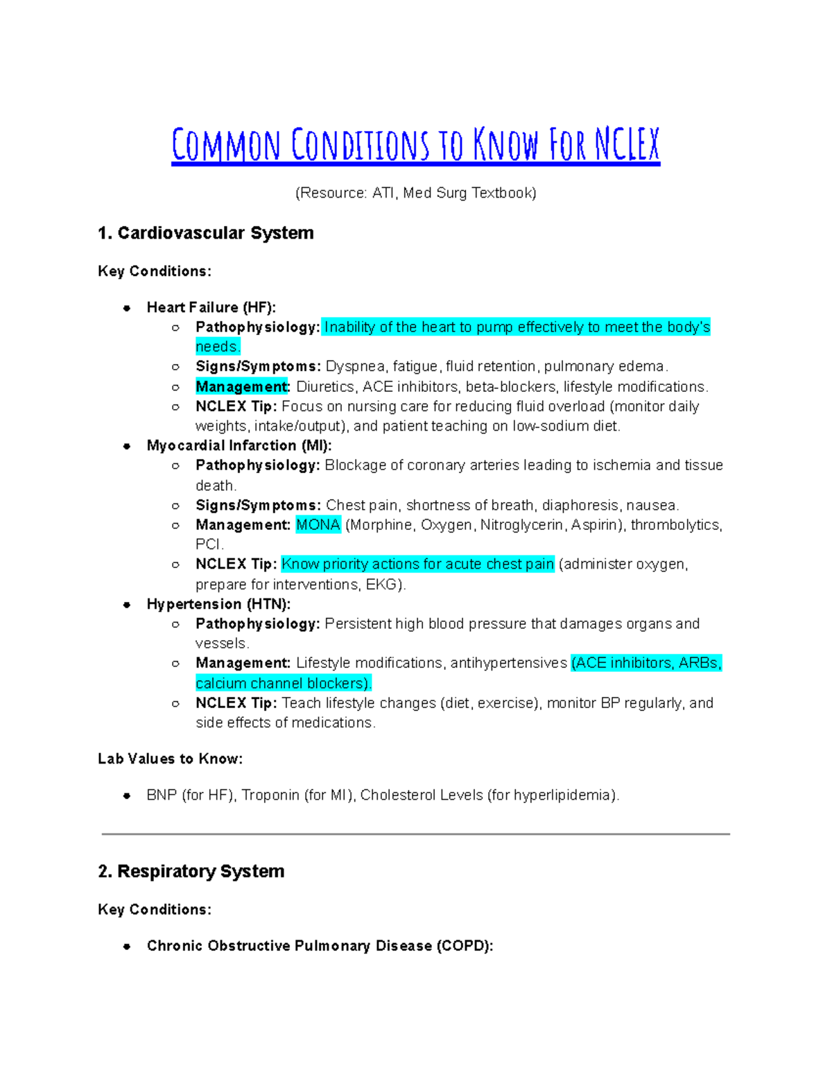 Common Conditions to Know for Nclex - Common Conditions to Know For ...