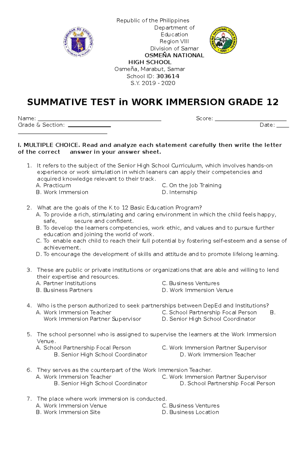 S.Y. 2019-2020 Summative Test in Work Immersion GRADE 12 - Studocu