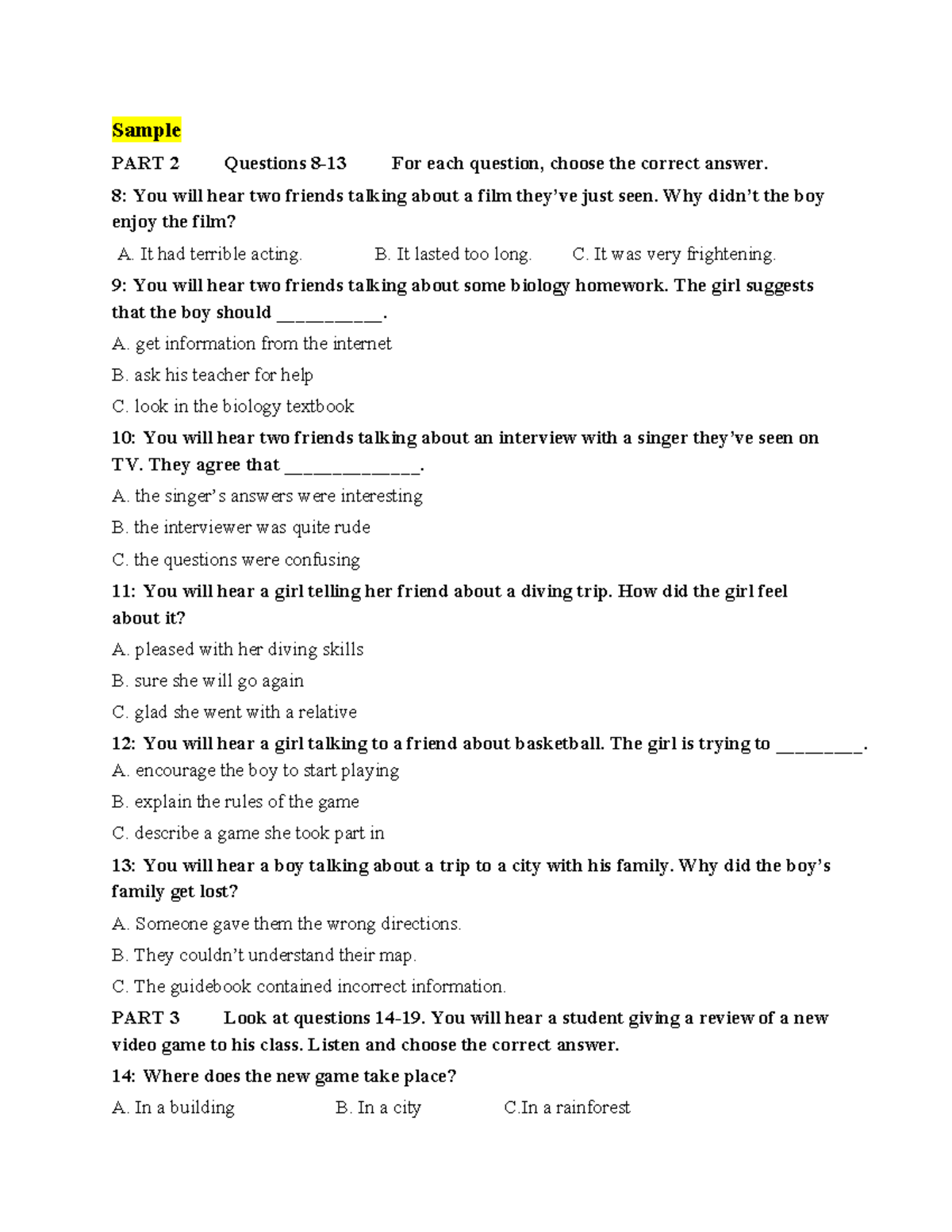 Listening Part 2 - Sample Questions and Answers - Studocu