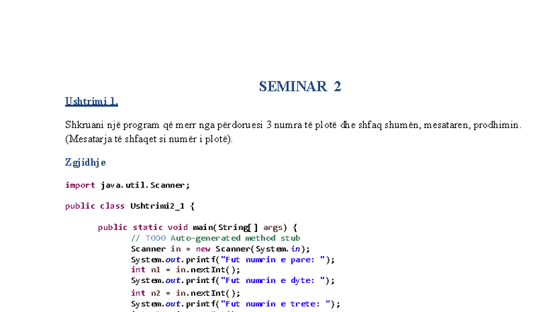 SEMINAR 2 Ushtrimi 1-6: Zgjidhjet e Problemeve në Java - Studocu