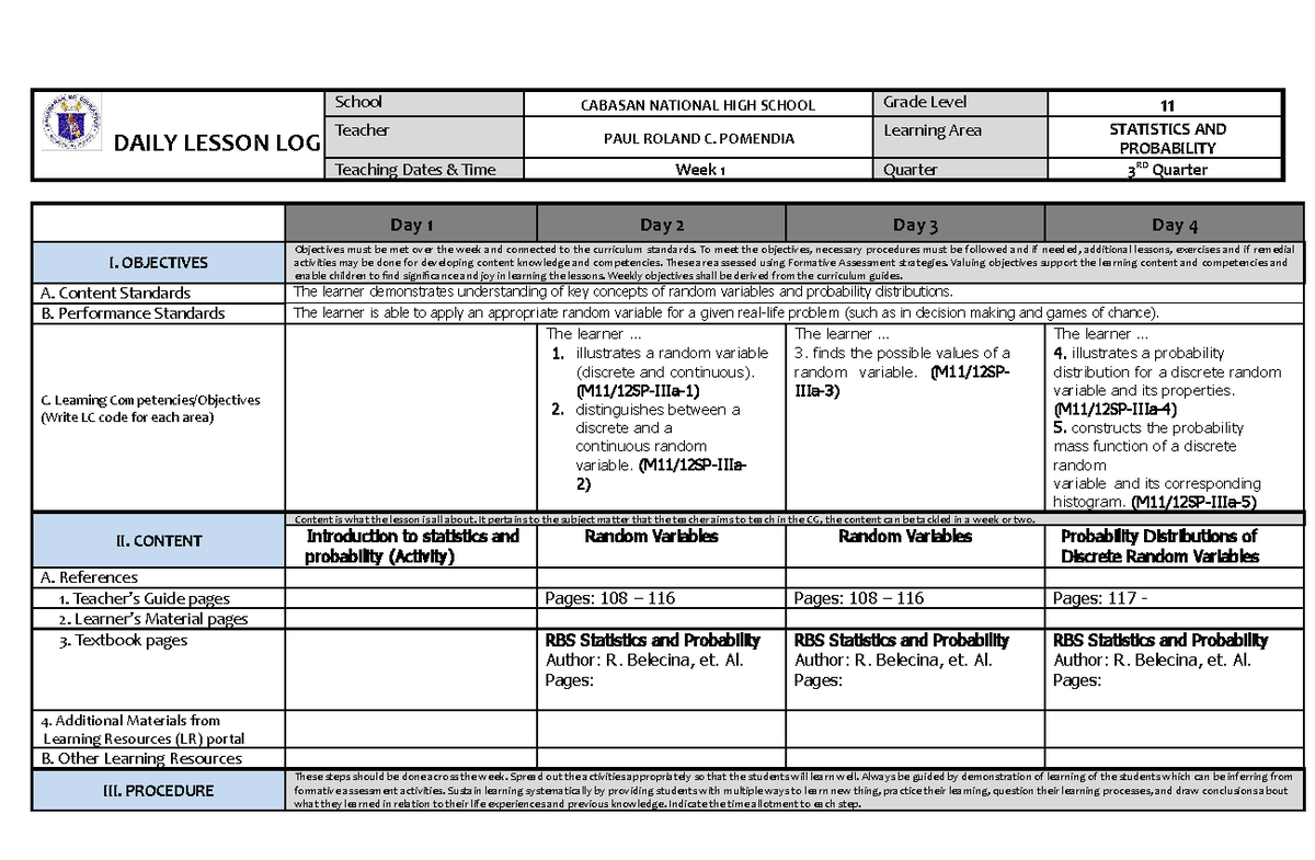 Statistics and Probability Lesson Log: Week 1 (Grade 11) - Studocu