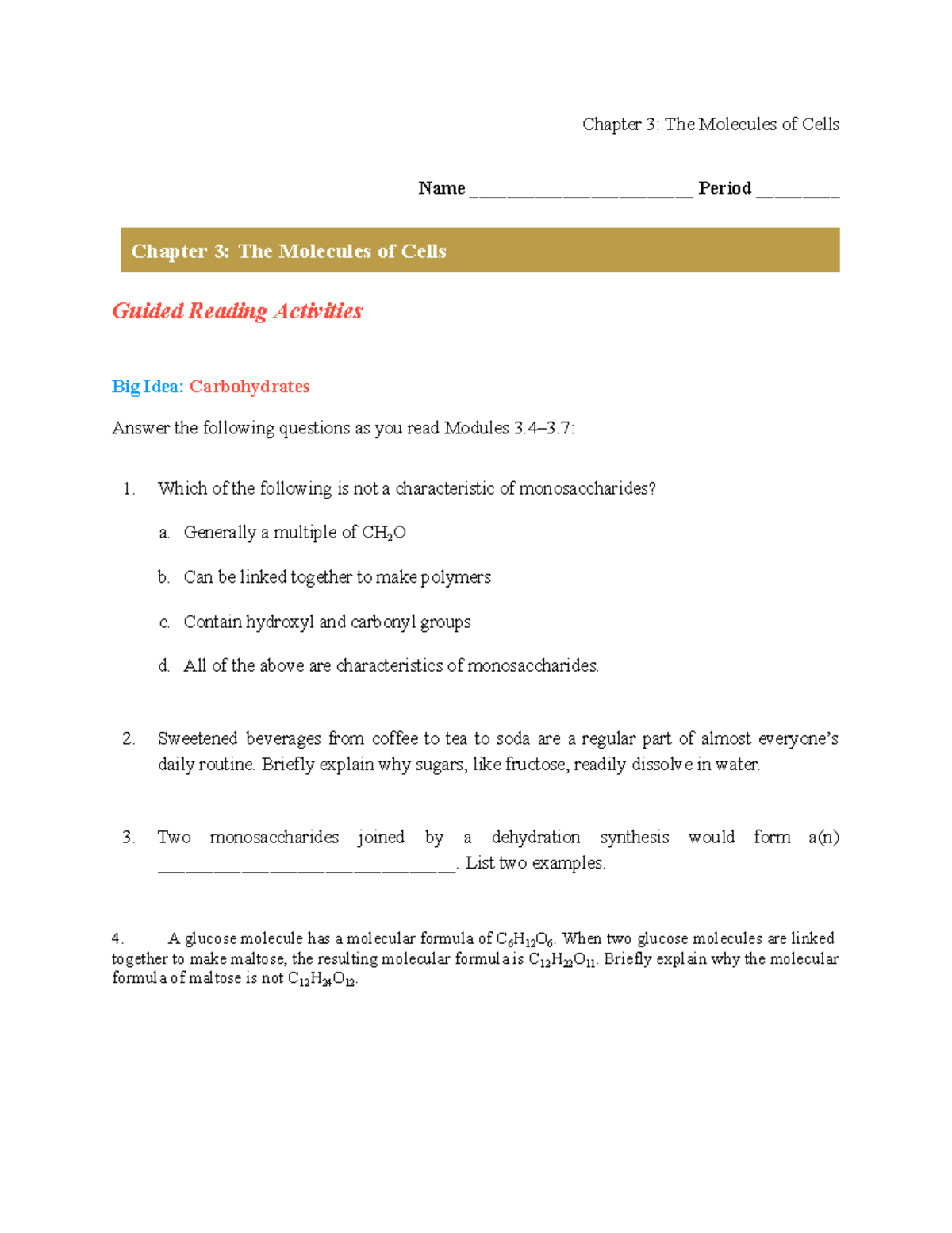 Chapter 3 HW2: Carbohydrates and Lipids Guided Reading Activities - Studocu