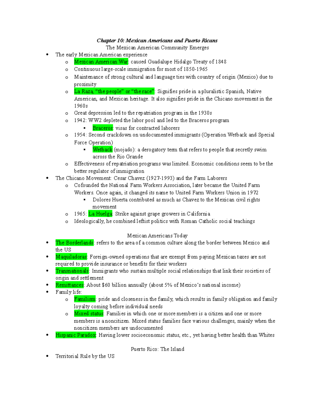 Chapter 10 Notes - Mexican Americans & Puerto Ricans Overview - Studocu