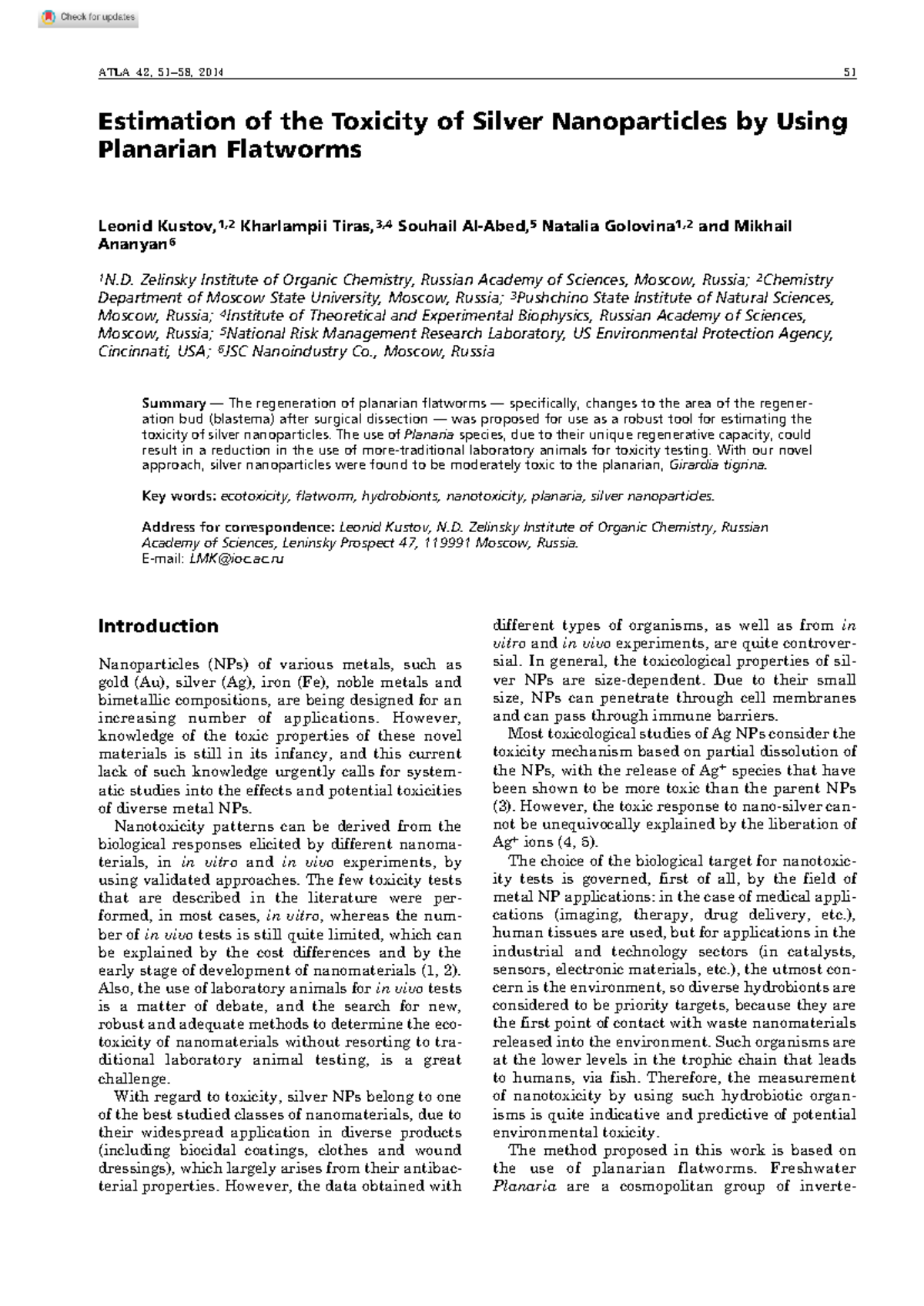 Estimation of Silver Nanoparticle Toxicity Using Planarian Flatworms ...