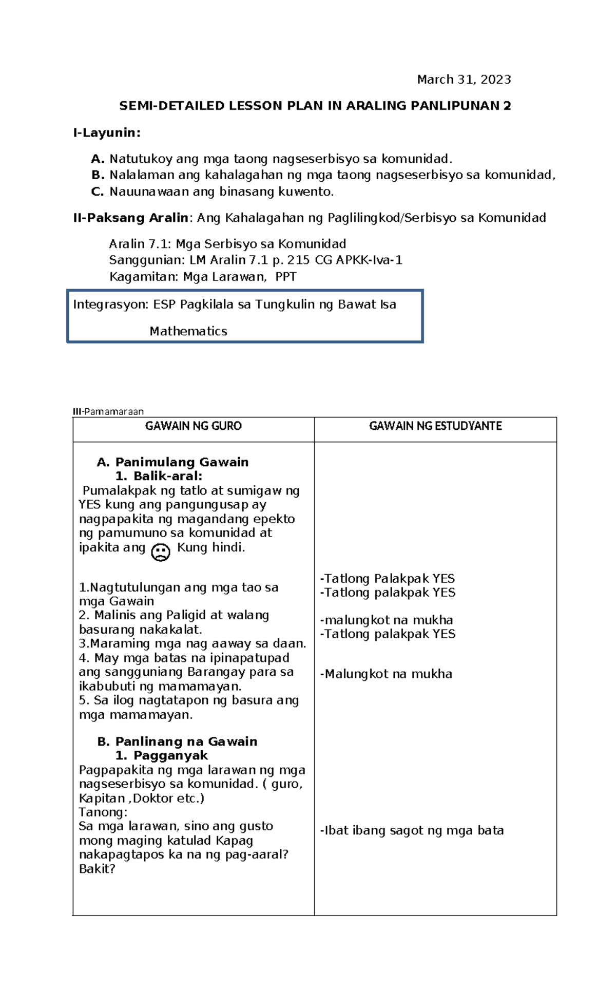COT AP2 - Lesson Plan on Community Service for Araling Panlipunan 2 - Studocu
