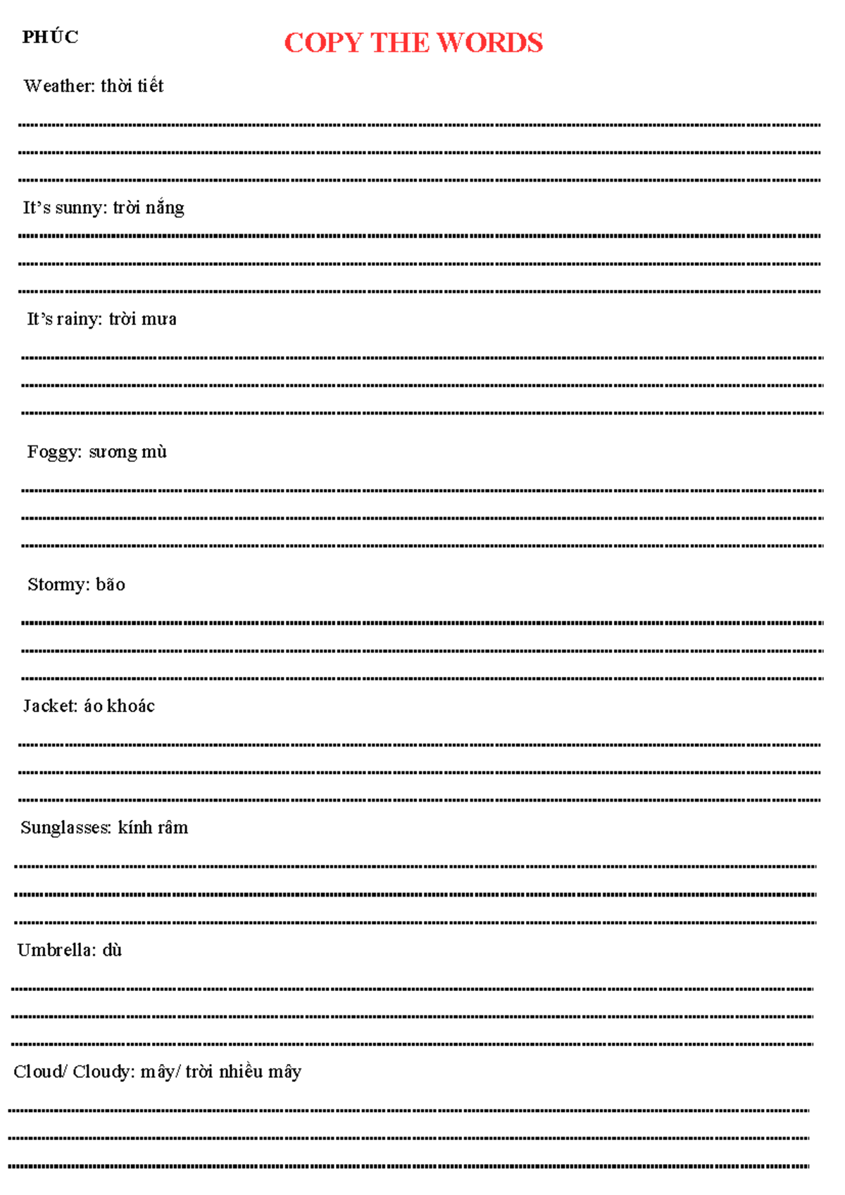 PHÚC - Vocabulary Copy: Weather & Party Terms - Studocu