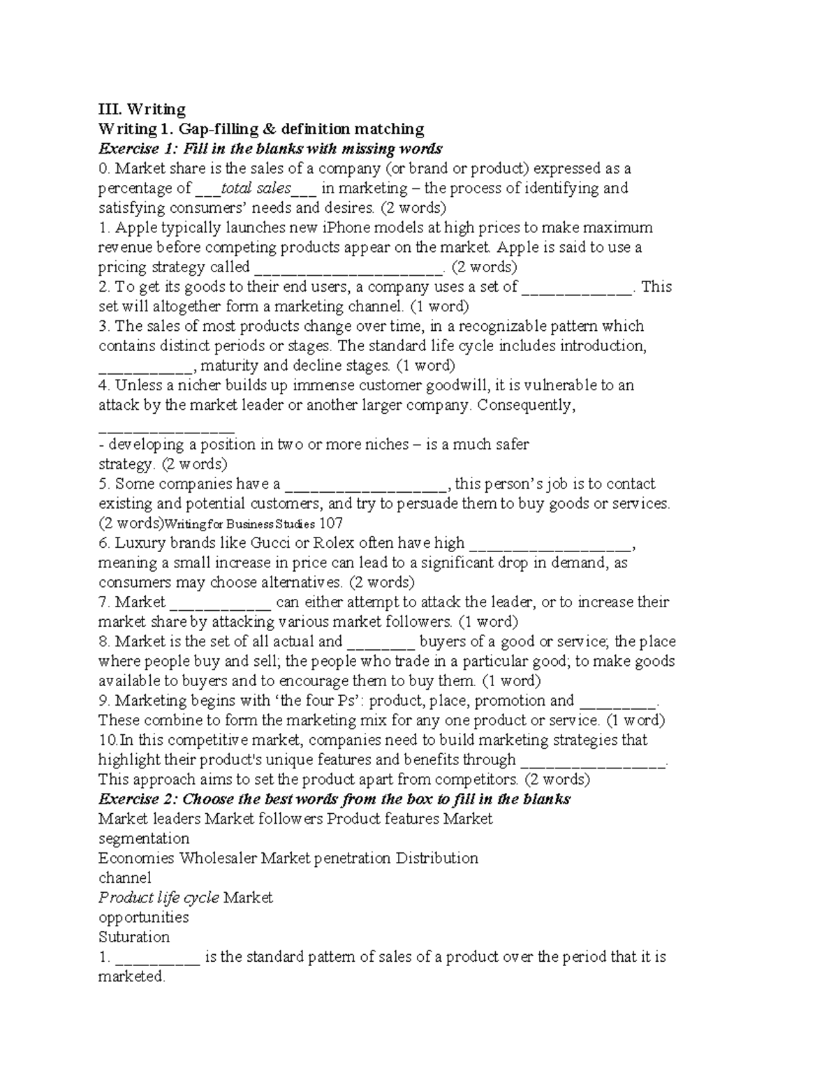 Unit 10 Review - Marketing Concepts and Definitions Exercise - Studocu