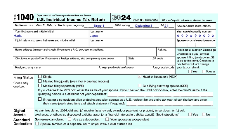Formulario 1040 - Form 1040 U. Individual Income Tax Return 2024 ...