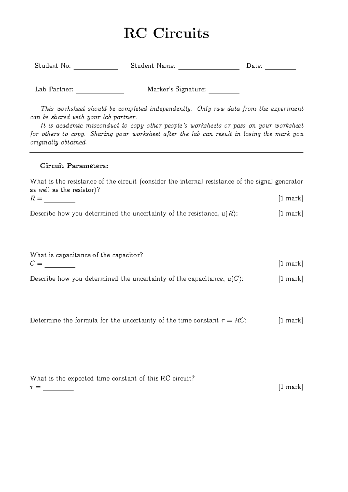 PHYS1001 RC Circuits Lab Worksheet and Data Analysis - Studocu