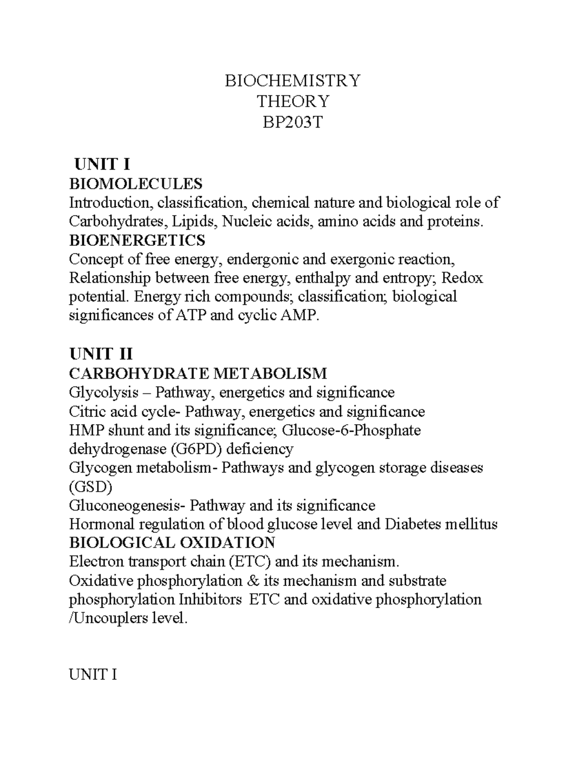 BP203T Biochemistry: Units on Biomolecules & Metabolism Overview - Studocu
