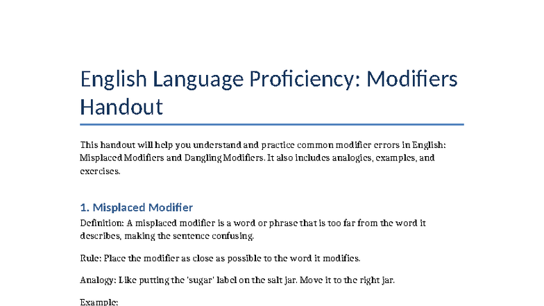 ELP 101: Modifiers Handout for English Proficiency - Studocu