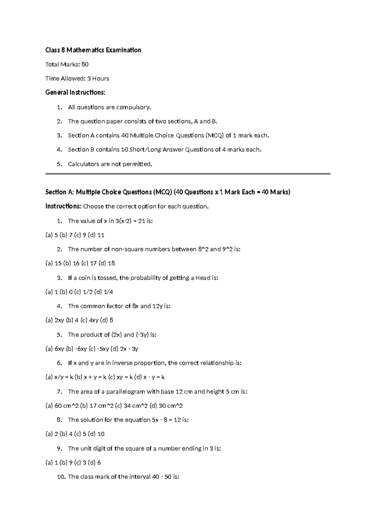 Class 8 Mathematics Exam (Total Marks: 80) - 30 Nov - Studocu
