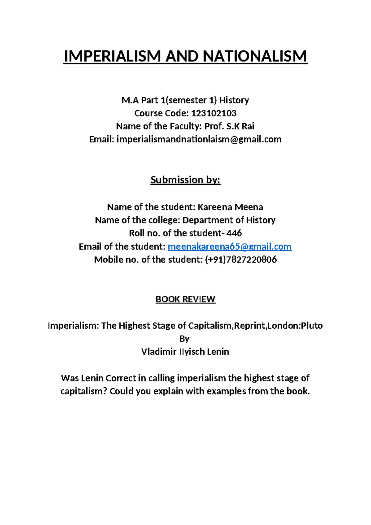 France assignment - imp - IMPERIALISM AND NATIONALISM M Part 1(semester ...