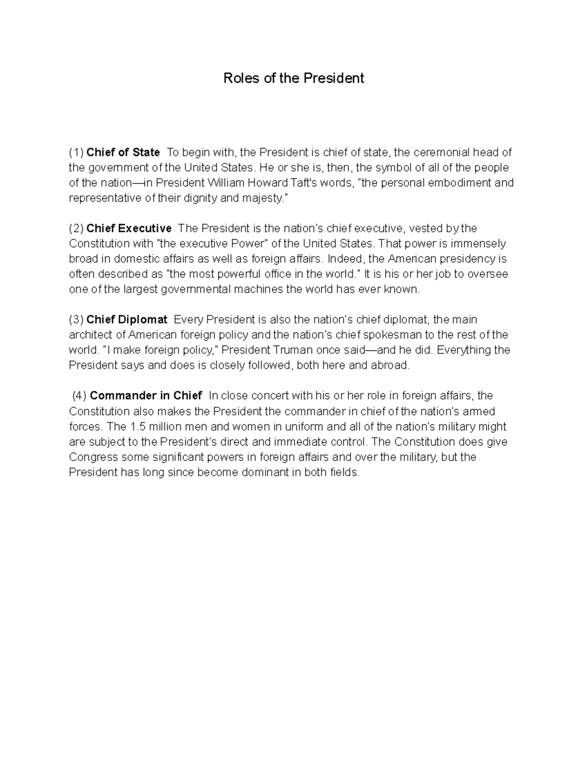 Four Roles of the President - Roles of the President (1) Chief of State ...