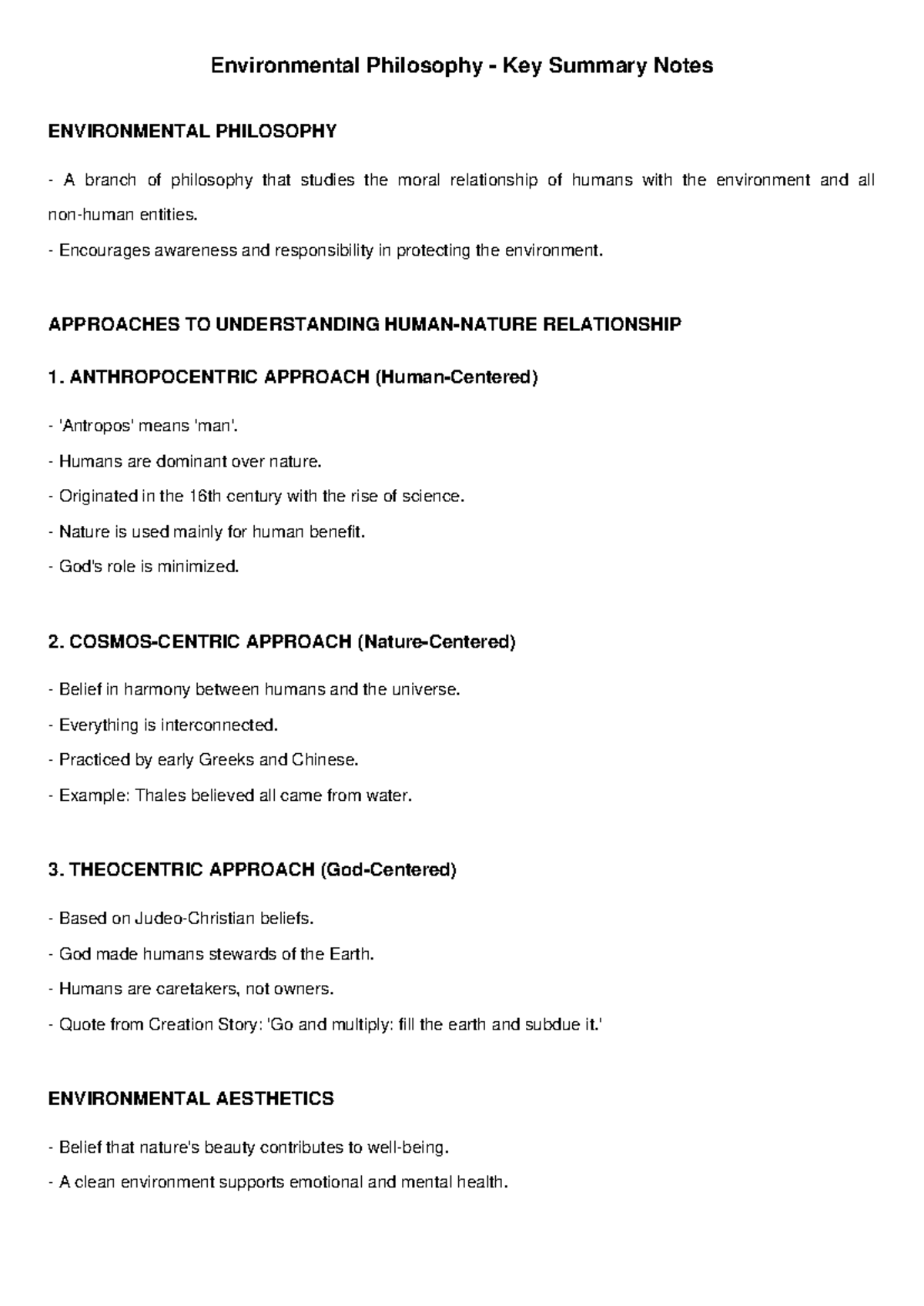 ENVIRONMENTAL PHILOSOPHY Key Summary Notes on Ethics and Sustainability ...