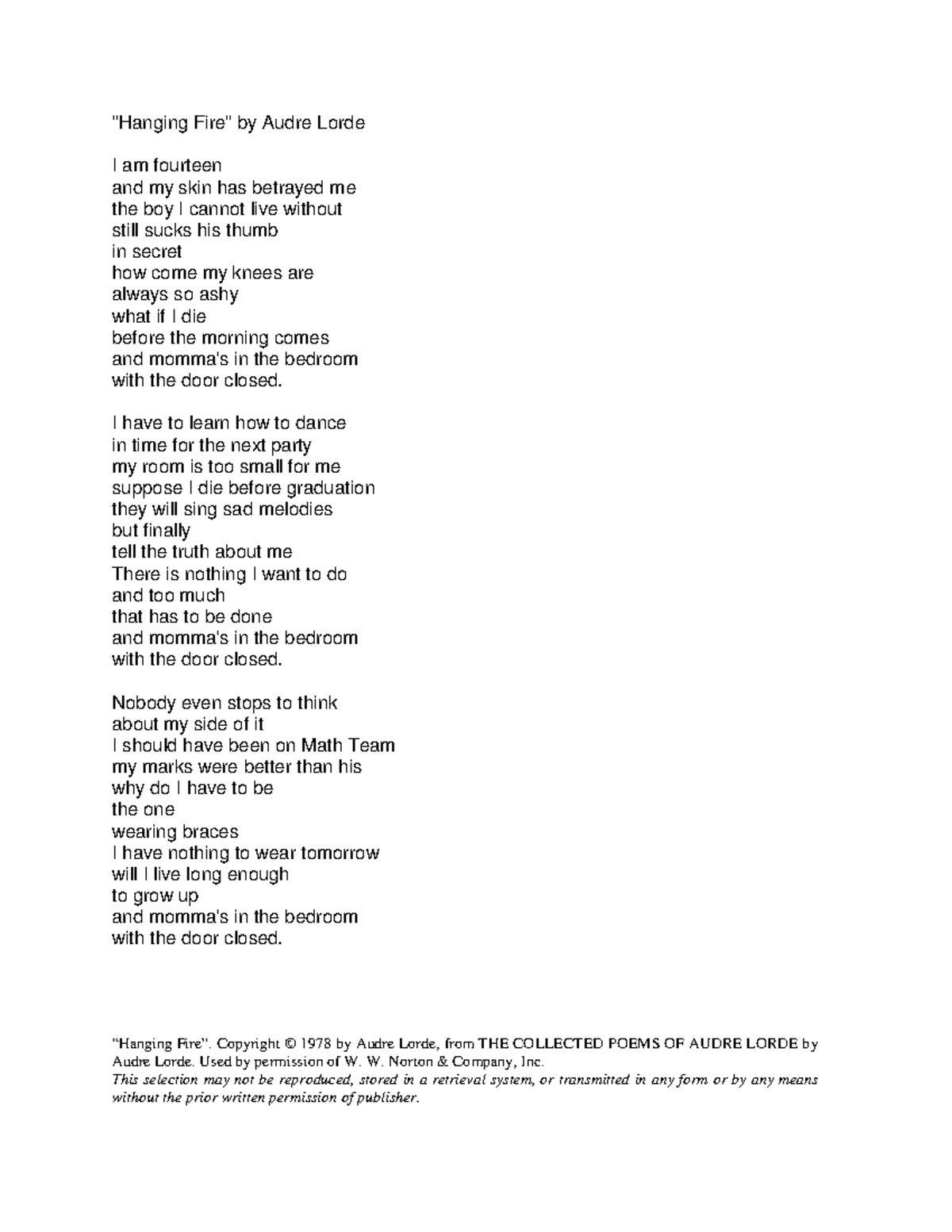Poem Analysis: 'Hanging Fire' by Audre Lorde - Studocu