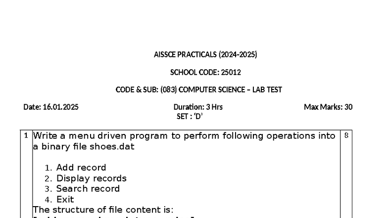 AISSCE Computer Science Lab Test (083) Practical Guide - Studocu