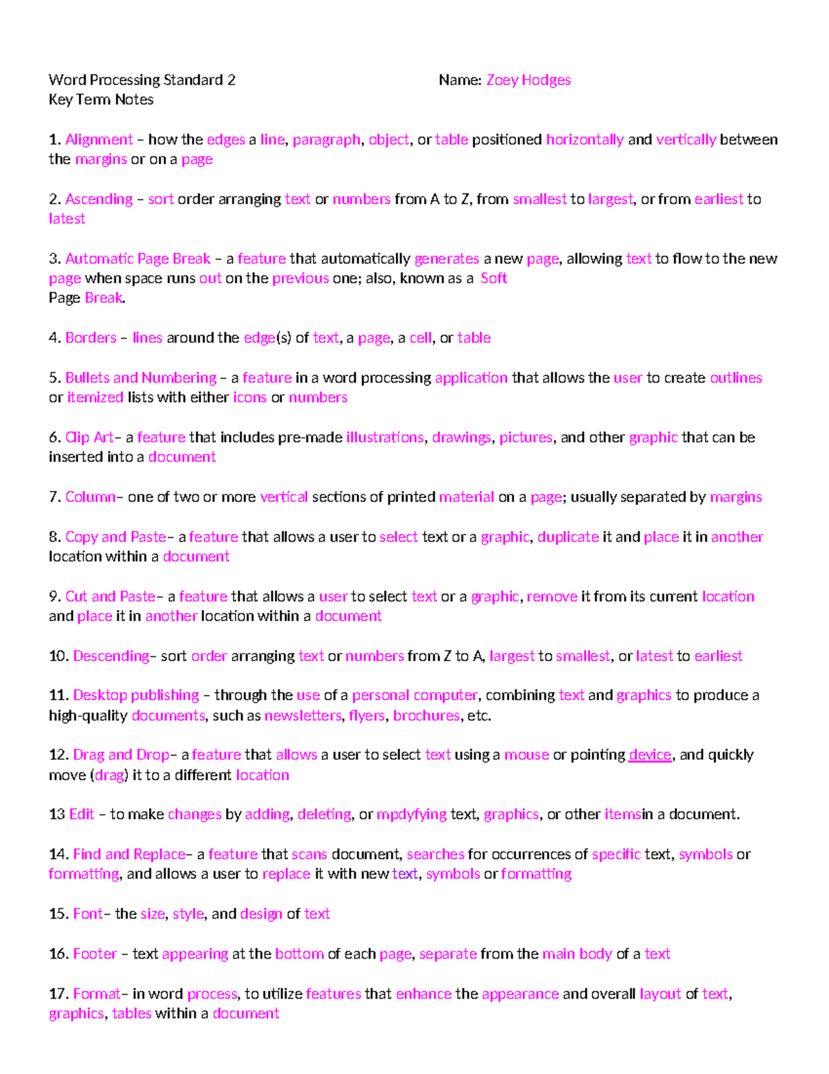 Copy of Unit 2 Key Terms for Notes - Word Processing Standard 2 Name ...