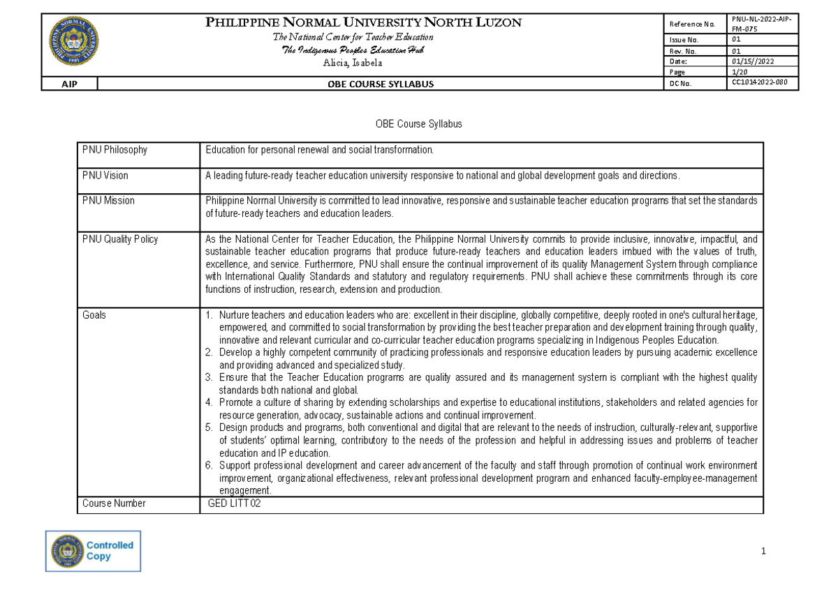 Contemporary Literature Syllabus (GED LITT 02) - PNU OBE - Studocu