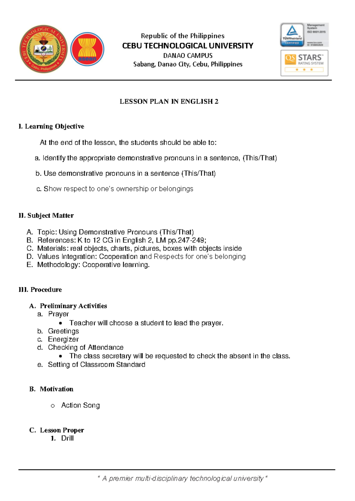 Demonstrative Pronoun Lesson Plan - Republic of the Philippines CEBU ...