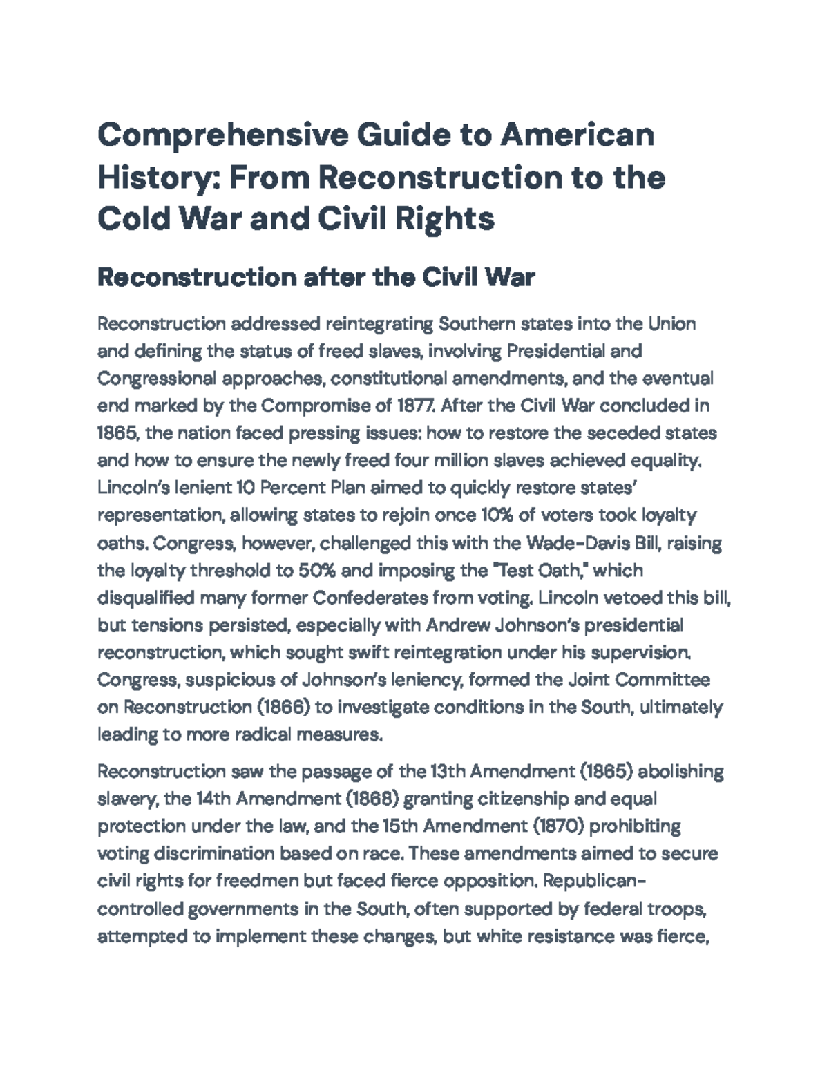 Comprehensive Overview of American History: Reconstruction to Cold War ...