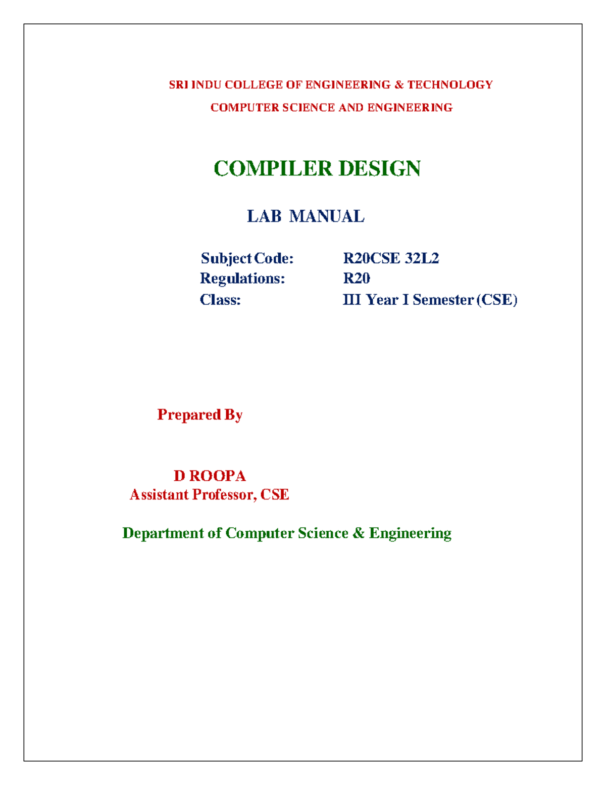 Compiler Design Lab Manual - R20CSE 32L - SRI INDU COLLEGE - Studocu