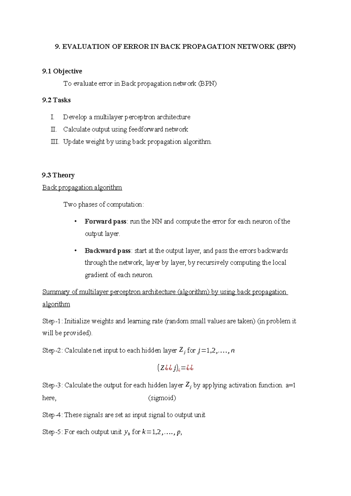 9. Experiment 9: Evaluating Error in Back Propagation Network (BPN ...