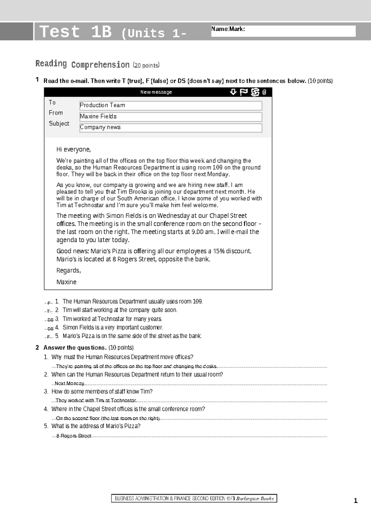 Test 1B: Reading & Listening Comprehension for Bus Admin Fin 2ED - Studocu