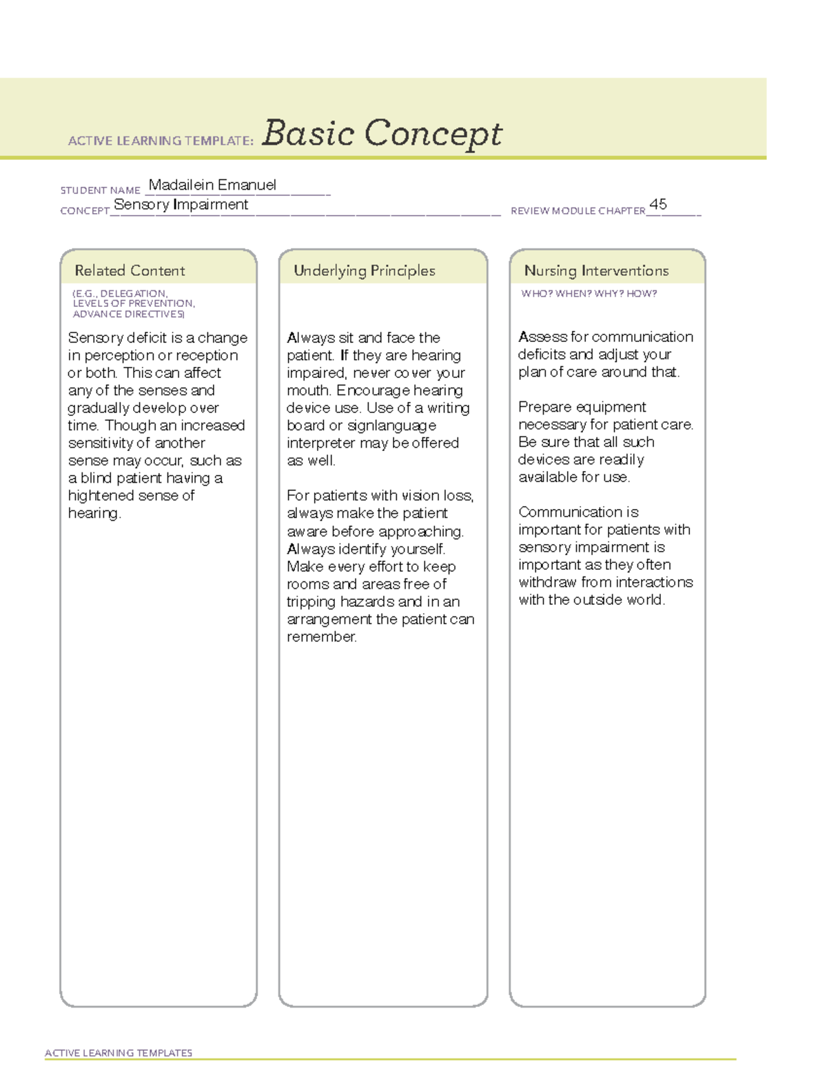 ACTIVE LEARNING TEMPLATE: Sensory Impairment Concepts - NURS 101 - Studocu