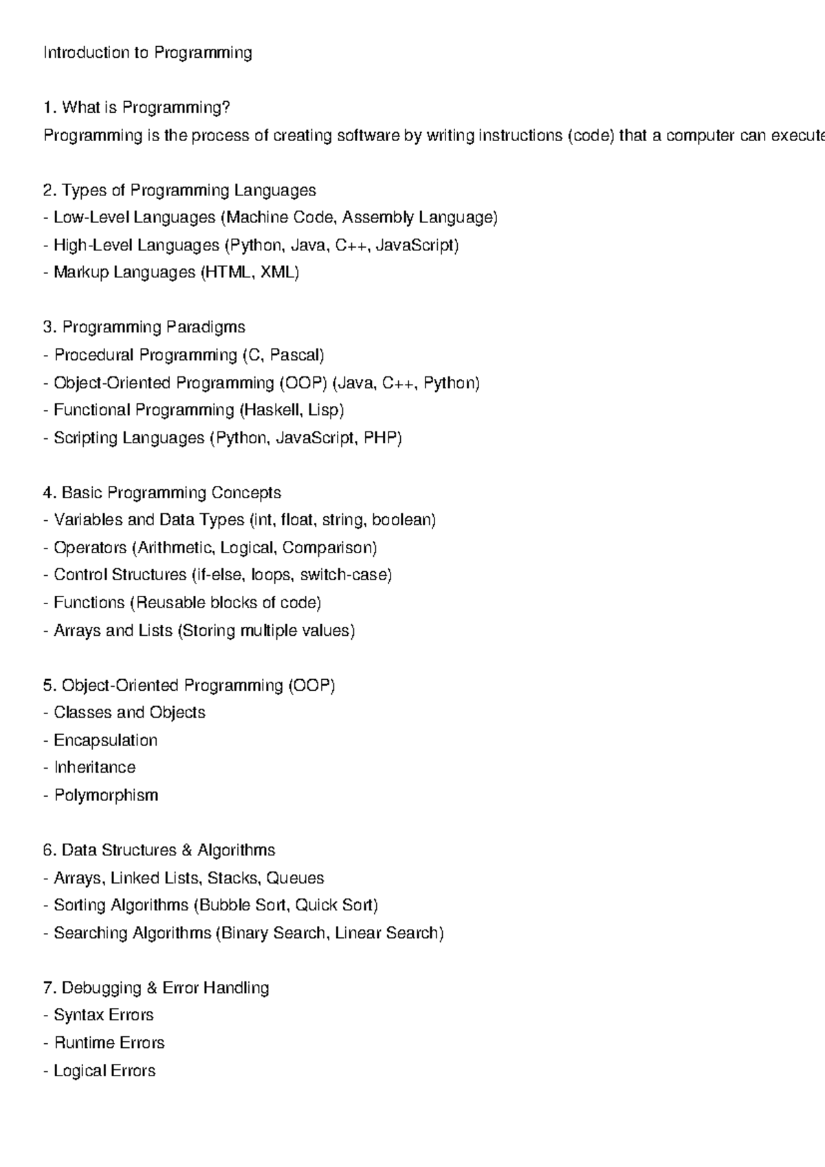 Programming lecture notes - Introduction to Programming What is ...
