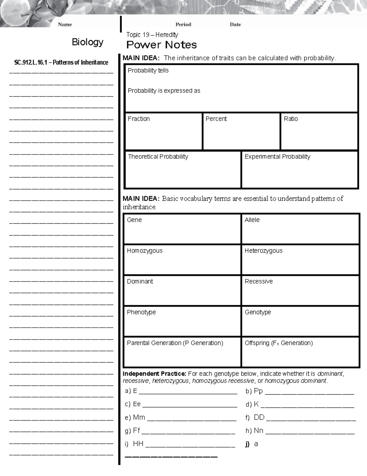 Intro to Heredity Power Notes 2 - Biology Topic 19 – Heredity Po w e r ...